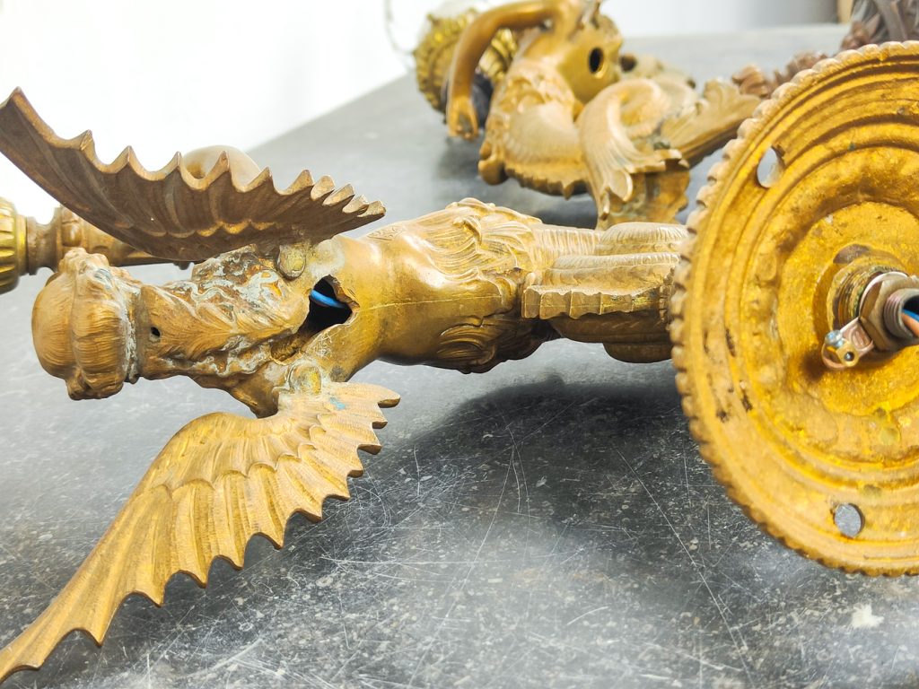 Pair antique winged mermaid wall sconces with two tone glass shades ...